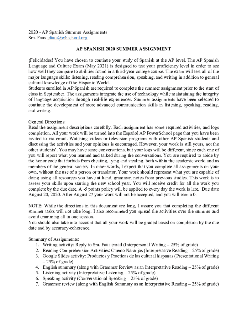 Fillable Online Summer Assignment for Pre AP Spanish 3 Hallsville High ...