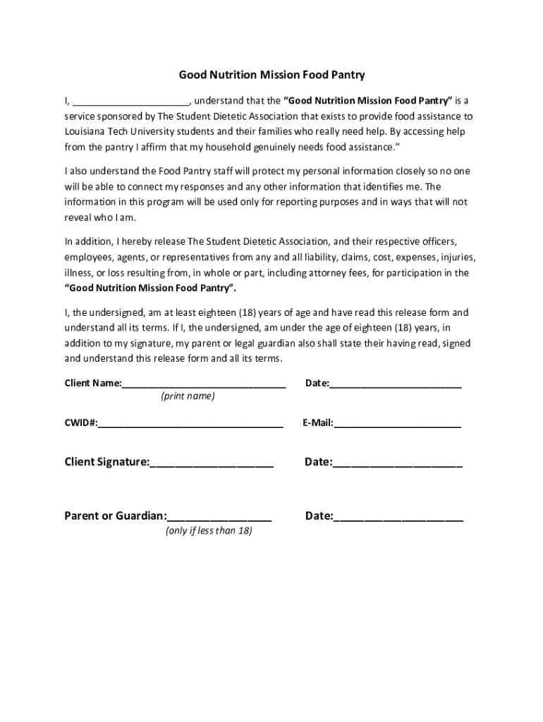 Fillable Online Food Pantry. Hold-Harmless Participant Agreement..docx Fax Email Print - pdfFiller