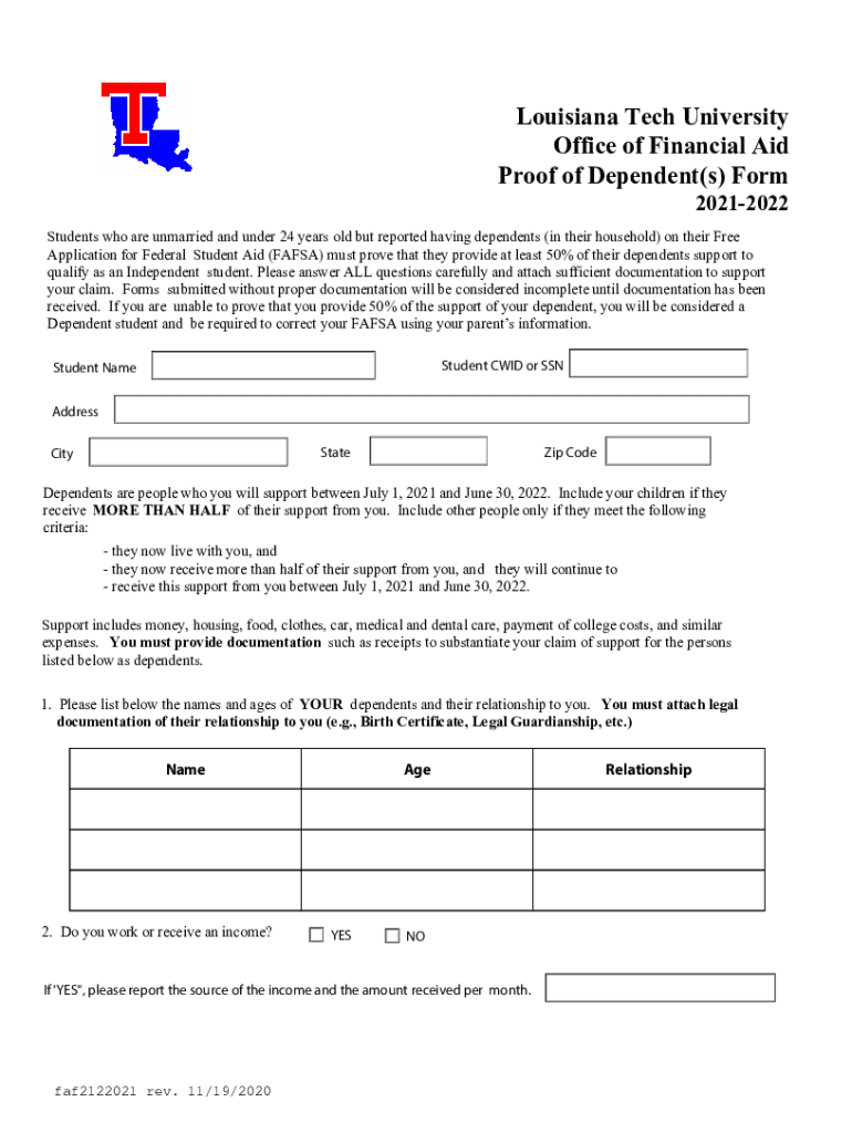 Fillable Online 2021-2022 Verification Worksheet - Louisiana Tech University Fax Email Print ...