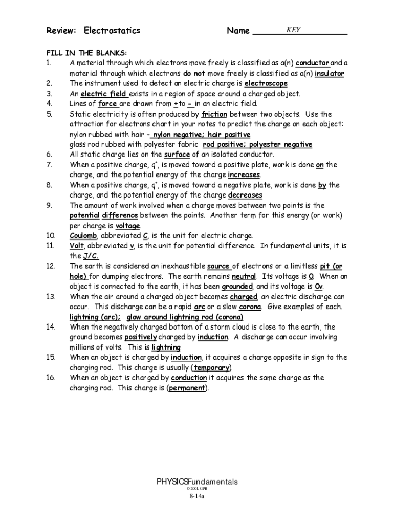 Fillable Online Static Electricity Review - Answers #1 - The Physics ...