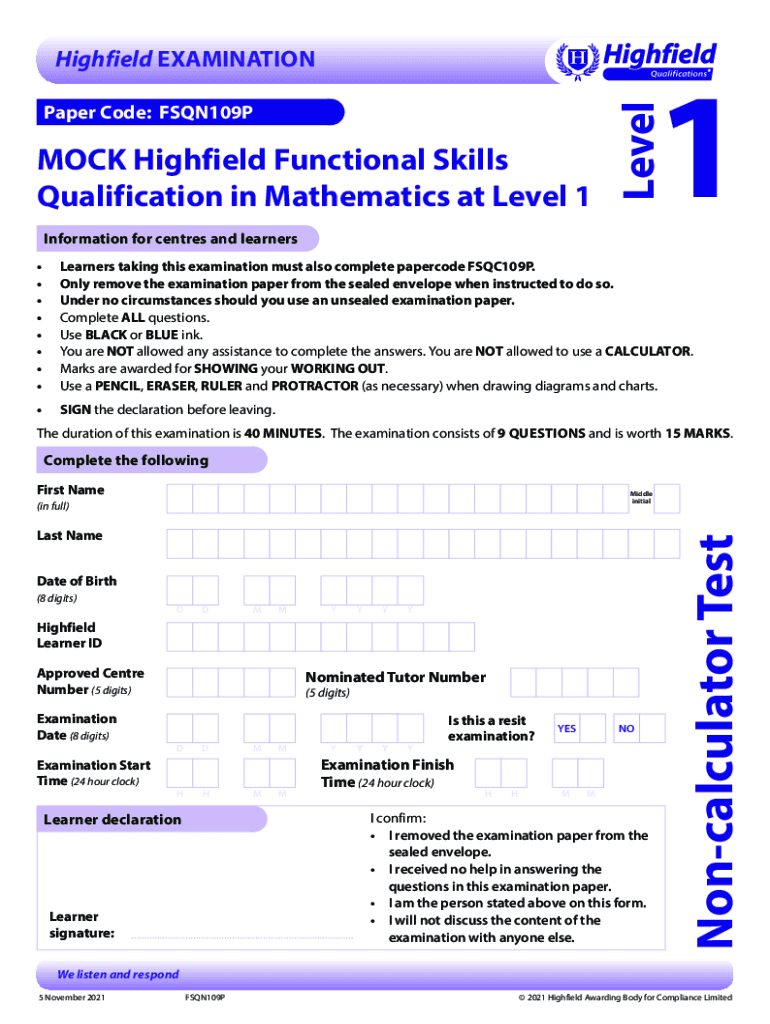 Fillable Online Level 1 Functional Skills Maths Practice Paper 1 Part B ...