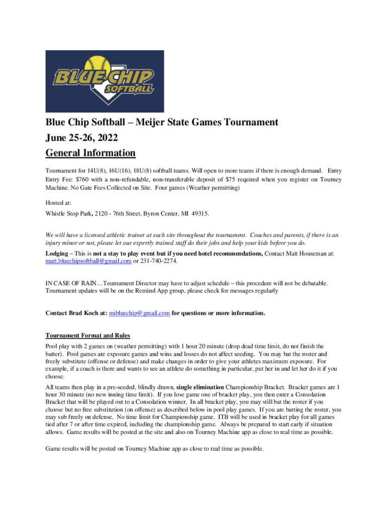 Fillable Online Blue Chip Softball Meijer State Games Tournament June ...