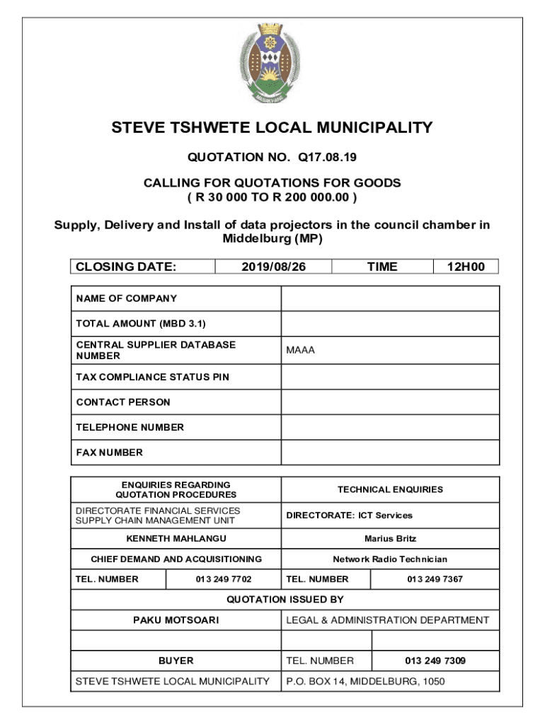 Fillable Online steve tshwete local municipality quotation no. q24.08. ...