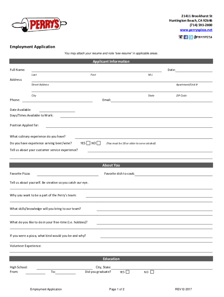 Fillable Online Employment application - Perry's Pizza Fax Email Print ...