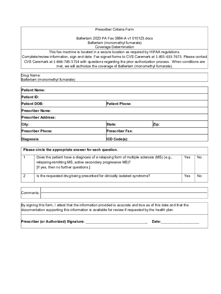 Fillable Online Bafiertam (monomethyl fumarate) - Prior Authorization ...