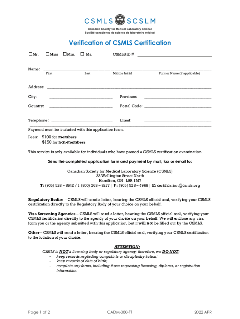 Fillable Online Application for Verification of CSMLS Credentials and ...