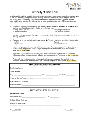 Fillable Online Continuity of Care Form - Memorial Hermann Health Plan ...