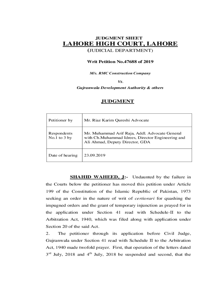 Fillable Online sys lhc gov JUDGMENT SHEET IN THE LAHORE HIGH COURT ...