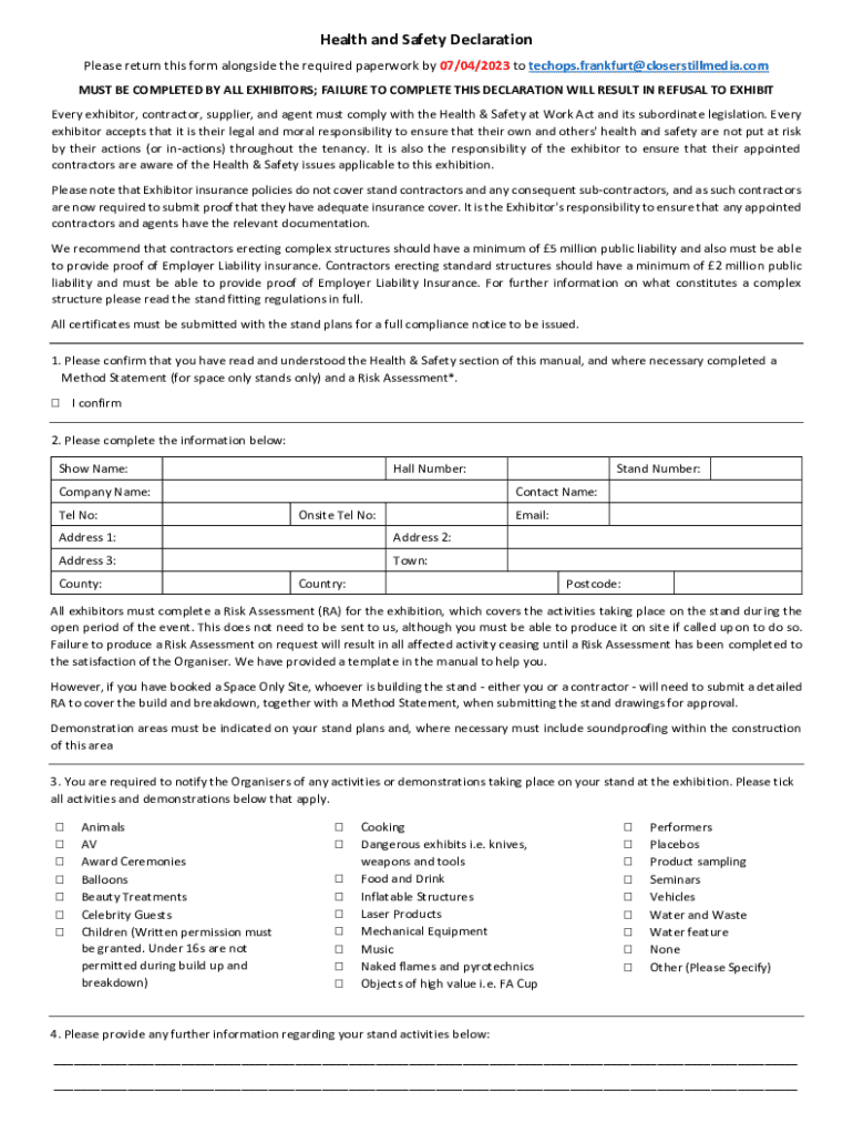 Fillable Online APPENDIX C1: HEALTH AND SAFETY DECLARATION Fax Email ...