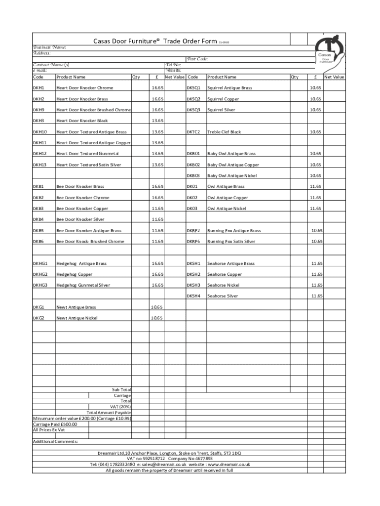 Fillable Online Trade Order Form Casas Door Furniture March2021.xlsx ...