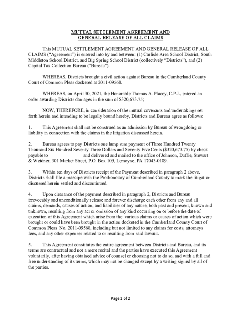 Fillable Online mutual settlement agreement and general release of all ...