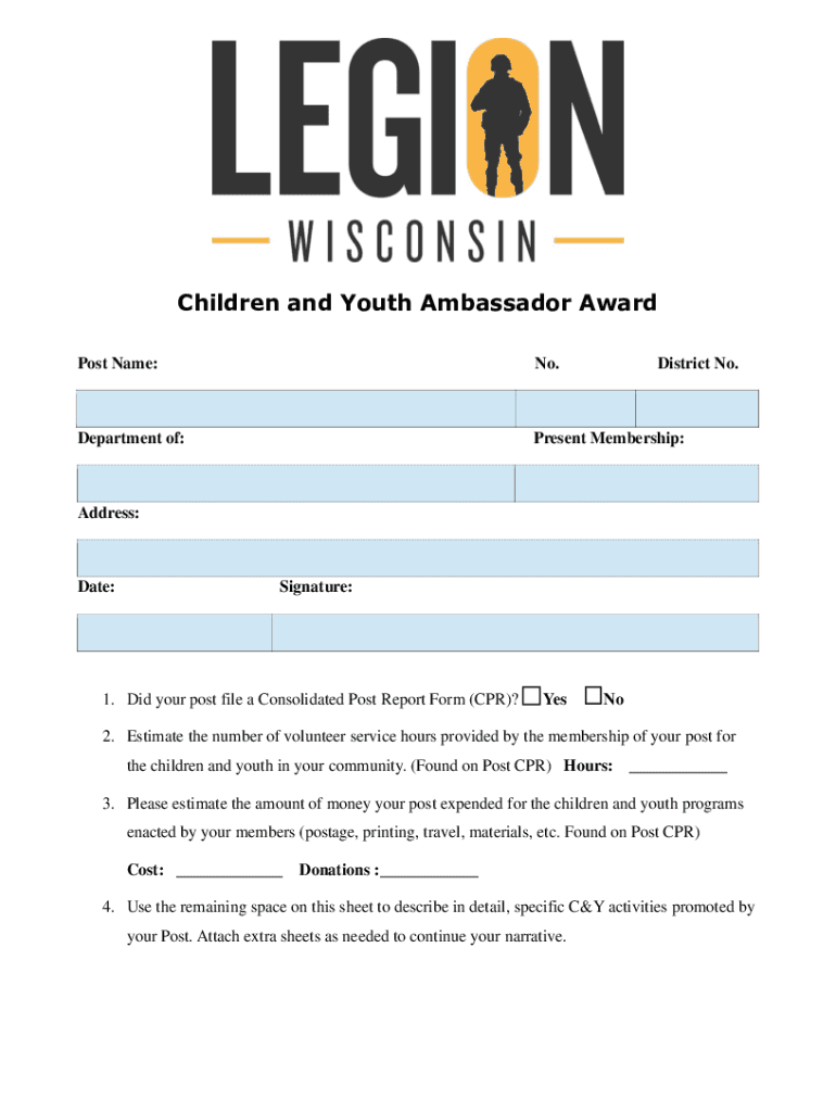 Fillable Online Children and Youth Ambassador Award Fax Email Print ...