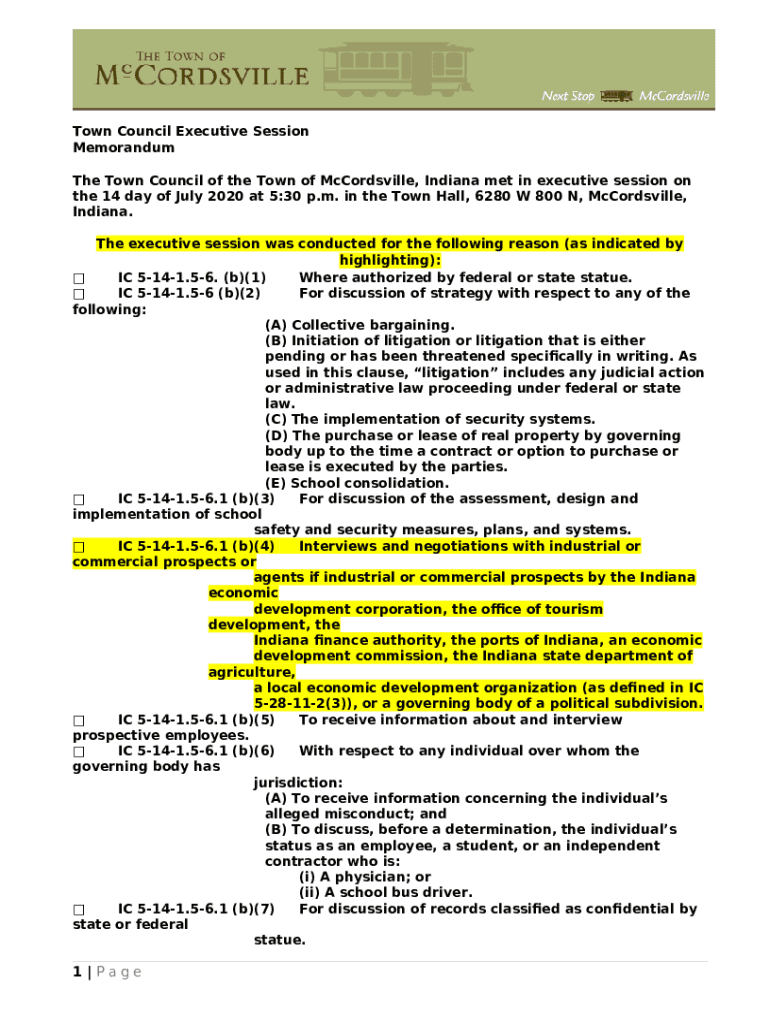 Town Council Executive Session - McCordsville, Indiana Doc Template ...