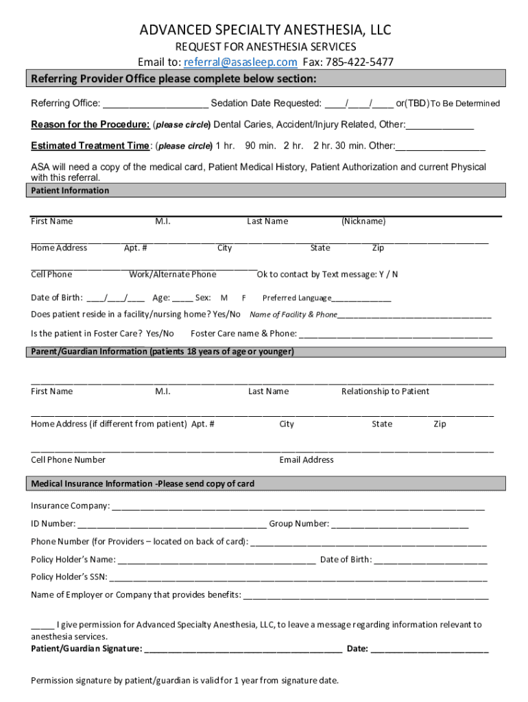 Fillable Online Request for services - Advanced Specialty Anesthesia Fax Email Print - pdfFiller