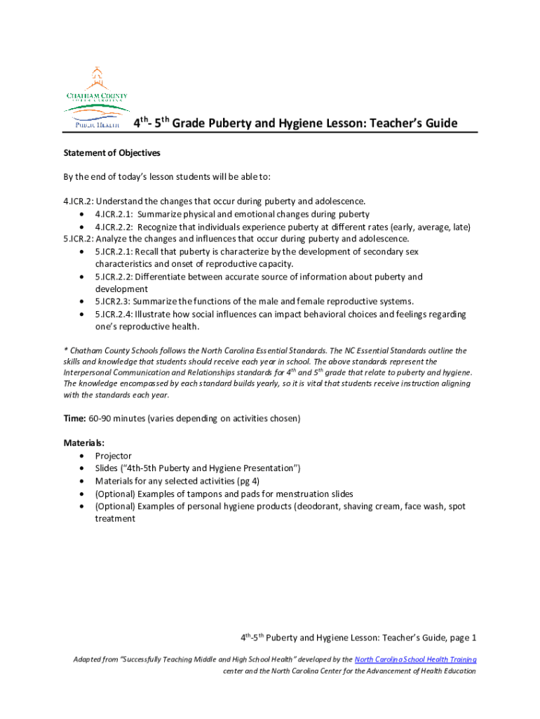 Fillable Online 4th- 5th Grade Puberty and Hygiene Lesson: Teacher's ...
