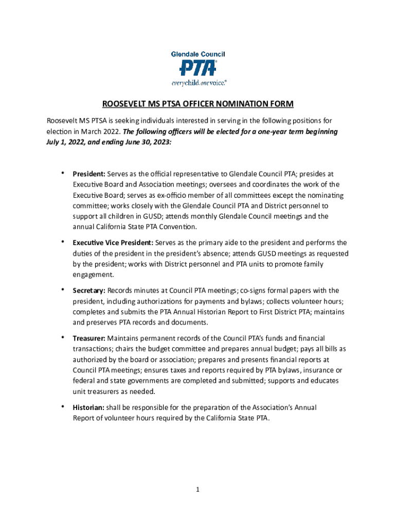 Fillable Online ROOSEVELT MS PTSA OFFICER NOMINATION FORM Fax Email ...