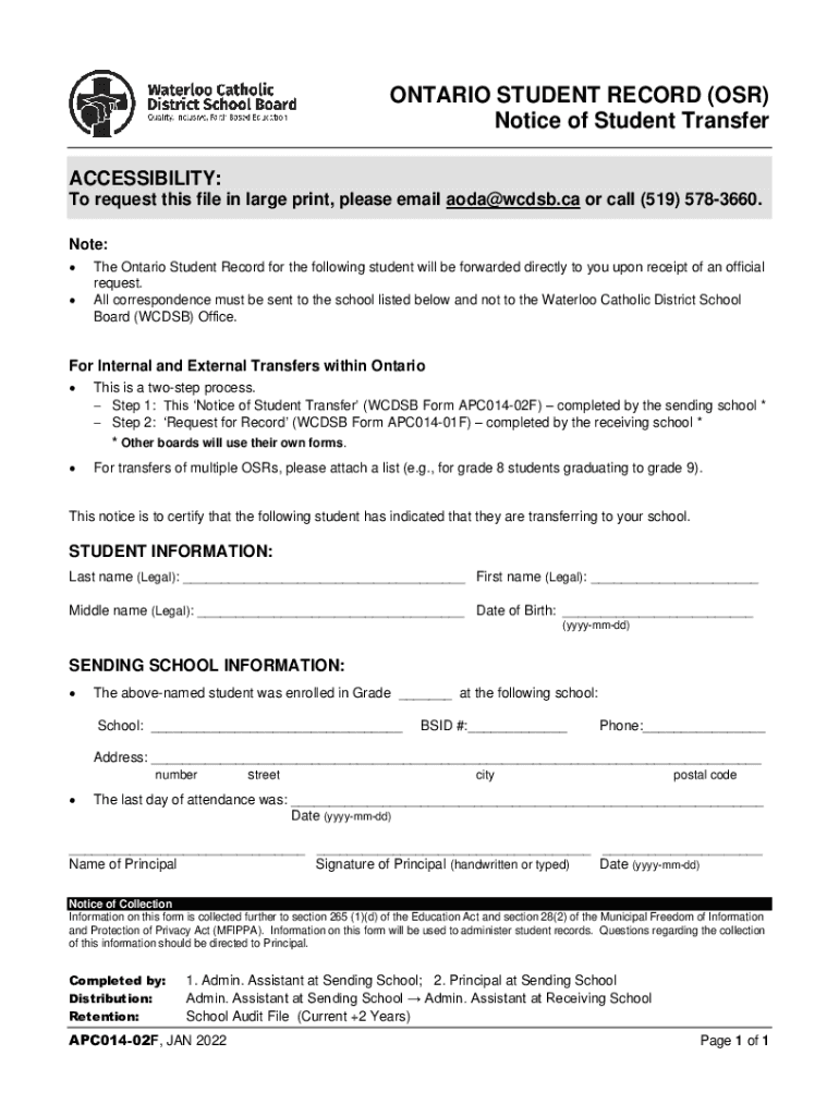 Fillable Online ONTARIO STUDENT RECORD (OSR) Request for Record Fax ...