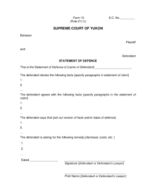 Fillable Online Form 10: Statement of Defence - SUPREME COURT OF YUKON ...