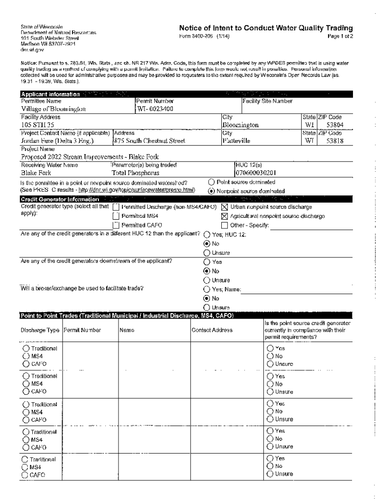Fillable Online dnr wisconsin Notice of Intent to Conduct Water Quality ...