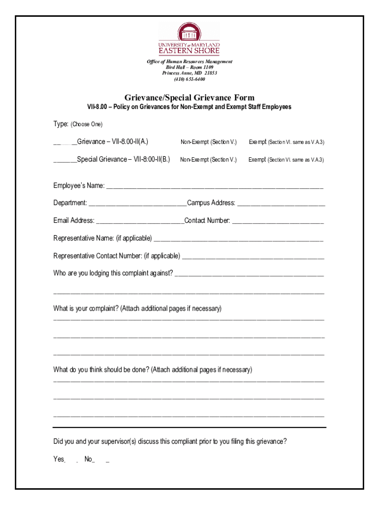 Fillable Online Grievance/Special Grievance Form Fax Email Print - pdfFiller