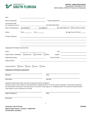 Fillable Online CENTRAL HUMAN RESOURCES - Employment Verification Form ...