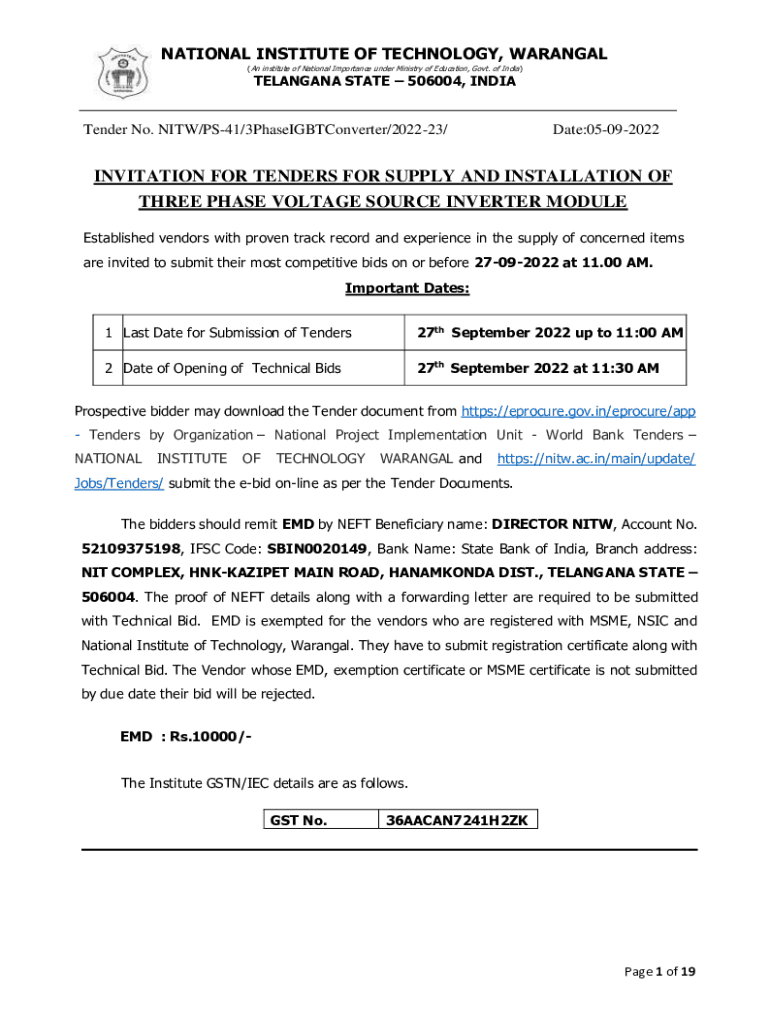 Fillable Online INVITATION FOR TENDERS FOR SUPPLY AND INSTALLATION OF ...