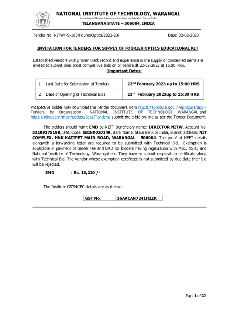Fillable Online Fourier Optics Educational Kit Tender, Telangana ...