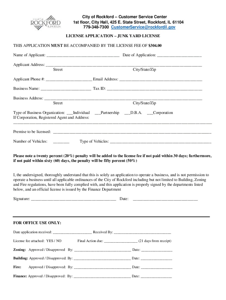 Fillable Online Junk Yard License Application - City of Rockford Fax ...