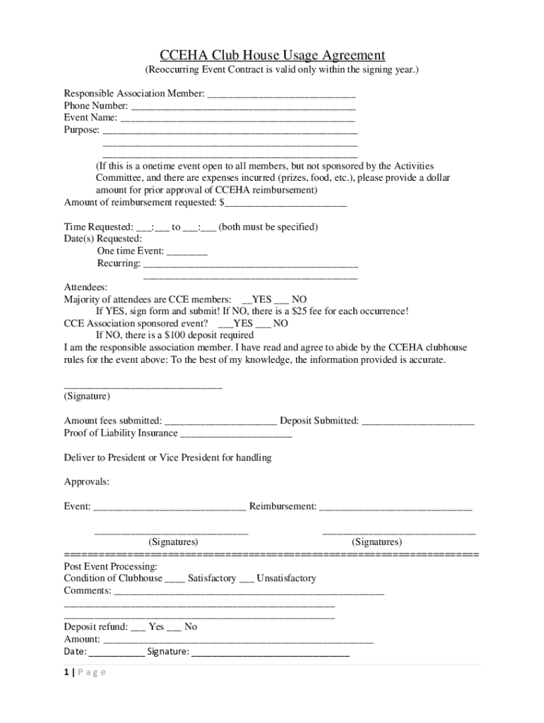 Fillable Online CLUBHOUSE RENTAL AGREEMENT I. General Guidelines Fax ...