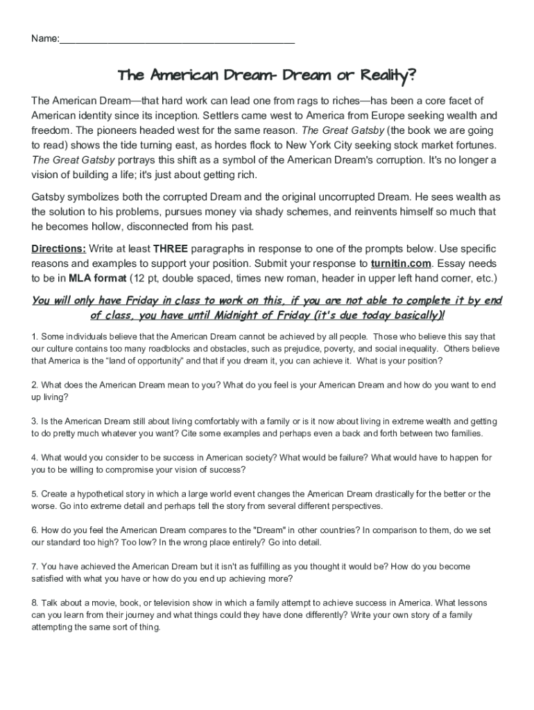 Fillable Online Best Analysis: The American Dream in The Great Gatsby ...