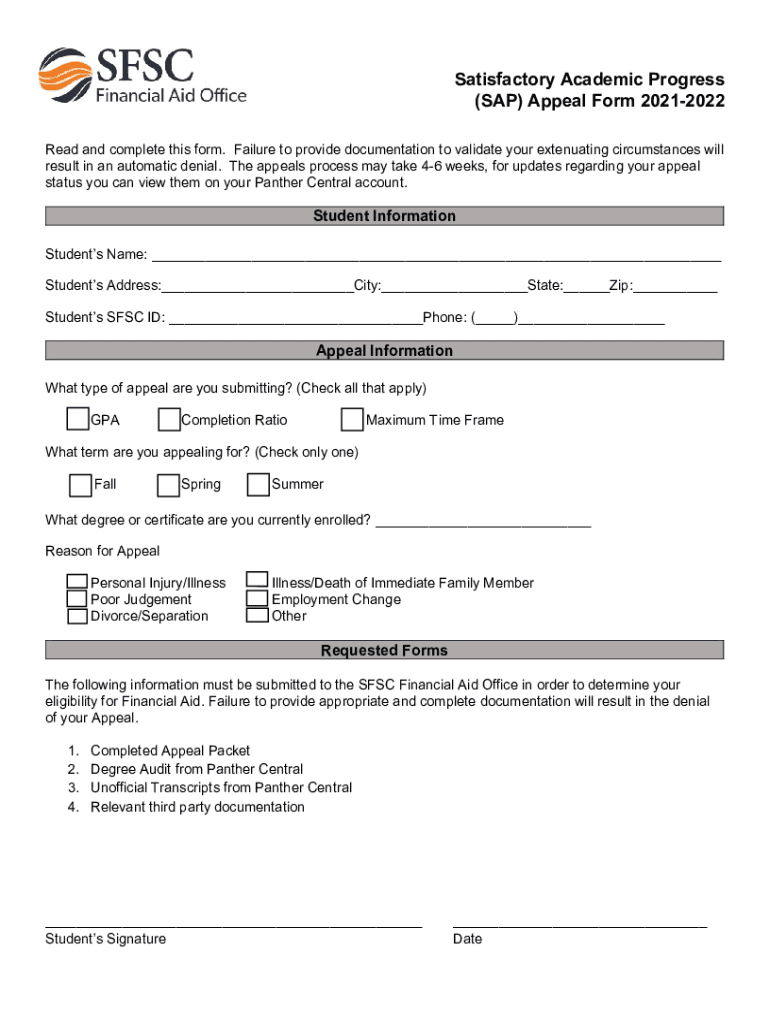 Fillable Online Satisfactory Academic Progress (SAP) Appeal Form 2021-2022 Fax Email Print ...