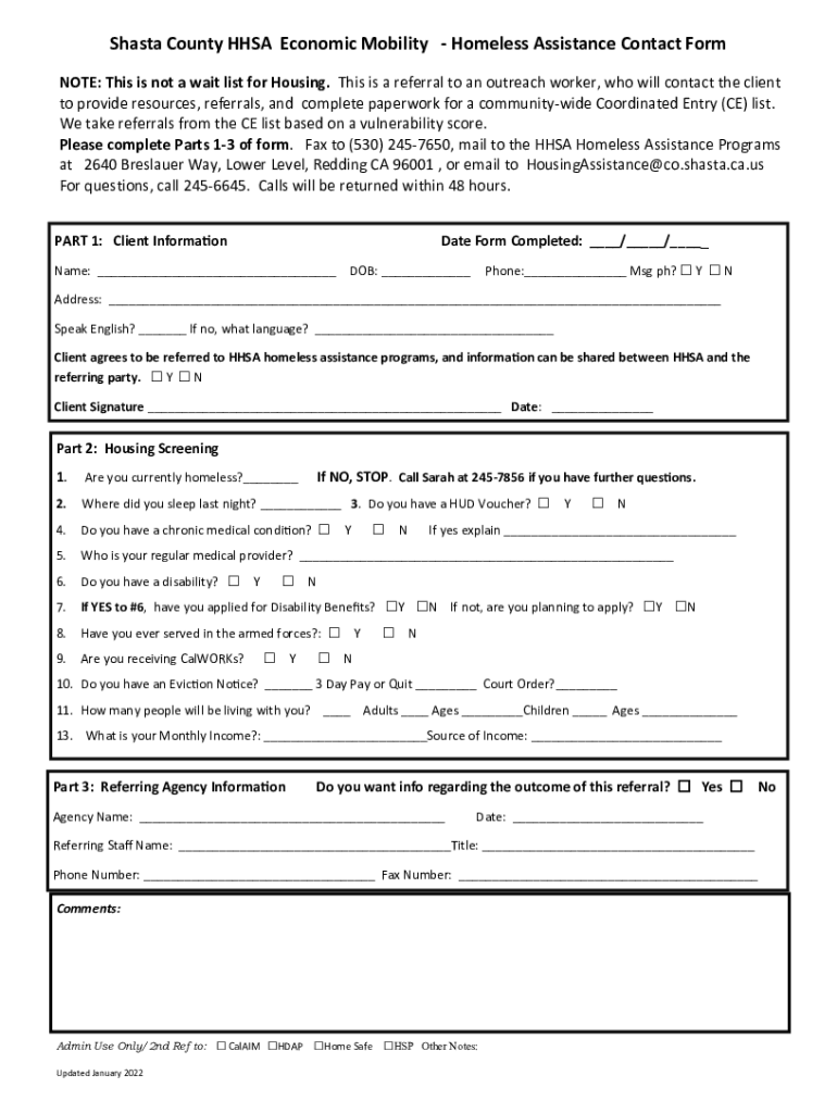 Fillable Online Shasta County HHSA Economic Mobility Housing Referral ...