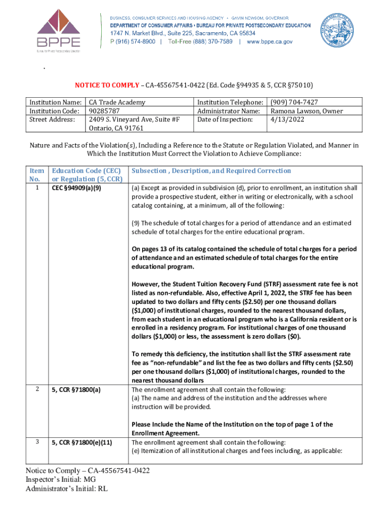 Fillable Online Notice to Comply - CA Trade Academy. Notice to Comply ...