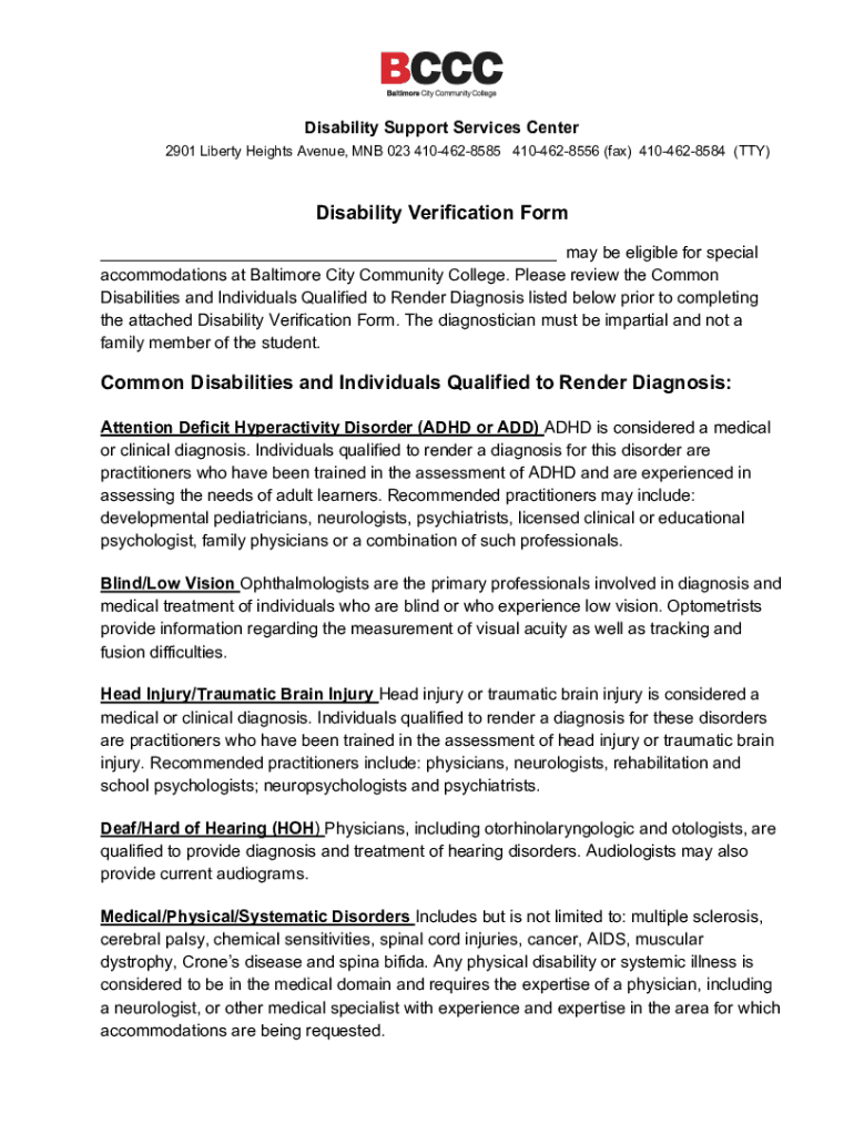 Fillable Online Disability Verification Form Common Disabilities and ...