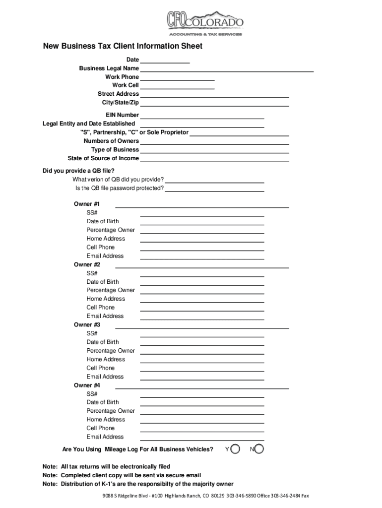 Fillable Online New Business Tax Client Information Sheet Fax Email ...