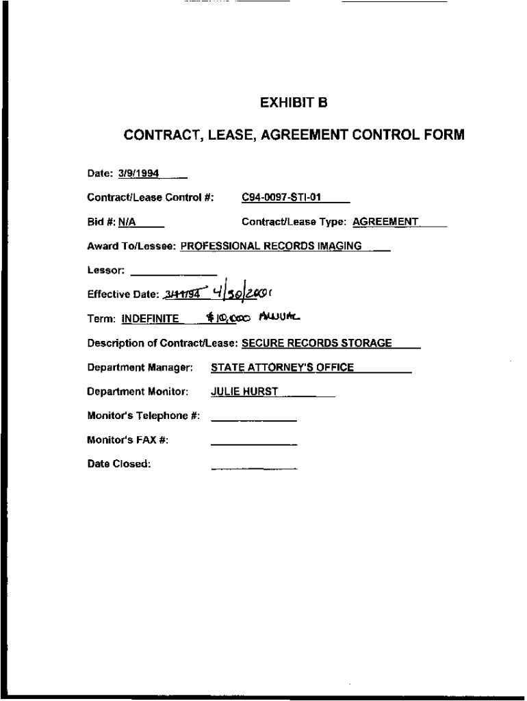 Fillable Online exhibit b contract, lease, agreement control form Fax Email Print - pdfFiller