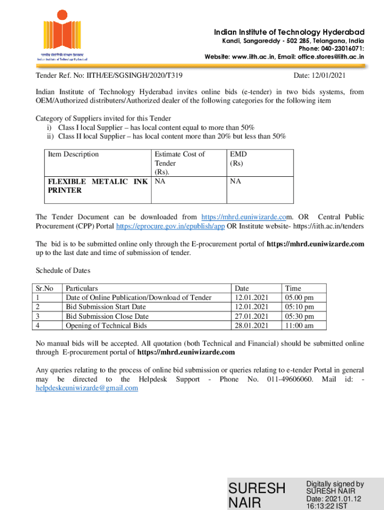 Fillable Online iith ac Welcome to e-Procurement Portal of Ministry of ...