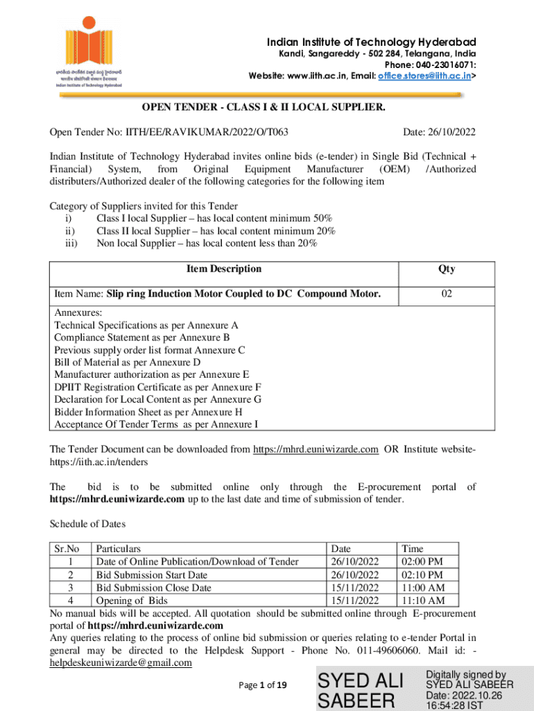Fillable Online iith ac OPEN TENDER - CLASS I & II LOCAL SUPPLIER Fax ...