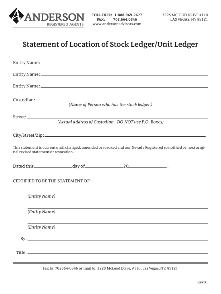 Fillable Online Statement of Location of Stock Ledger/Unit Ledger Fax ...