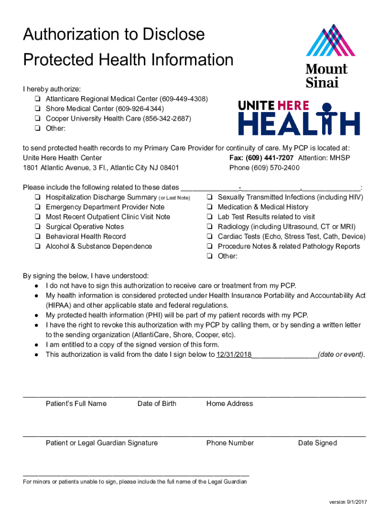 Fillable Online AtlantiCare - Authorization to Disclosed Health ...
