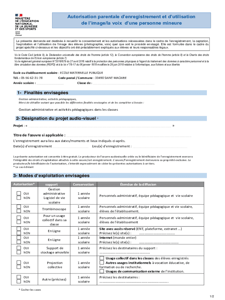 Remplissable En Ligne Autorisation d'enregistrement et d'utilisation de l'image/la voix ... Fax ...