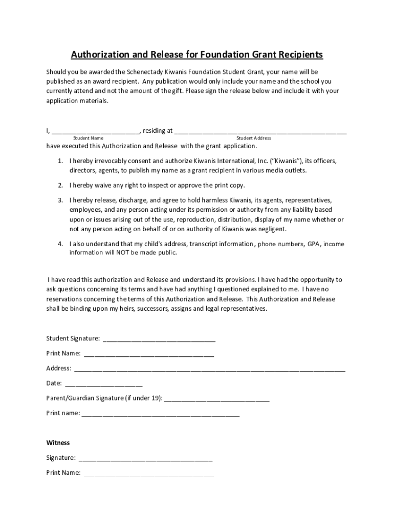 Fillable Online Authorization and Release for Foundation Grant ...