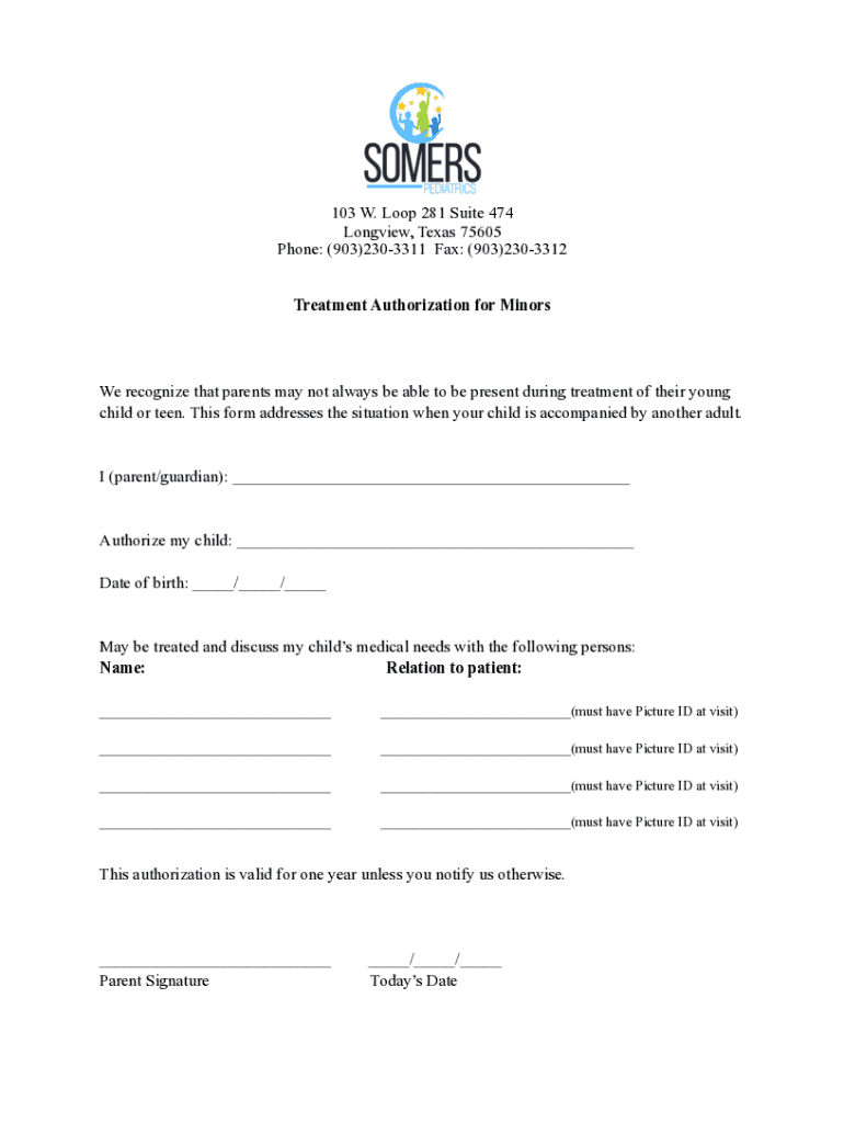Fillable Online Treatment Authorization for Minors - Somers Pediatrics ...