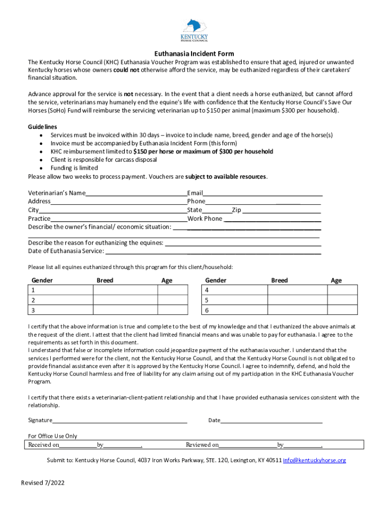 Fillable Online Euthanasia Incident Form - Kentucky Horse Council Fax ...