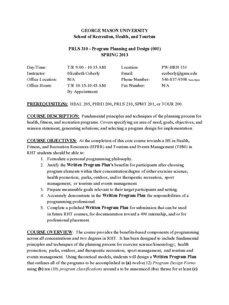 Fillable Online cehd gmu PRLS 310: Program Planning and EvaluationSRTM ...