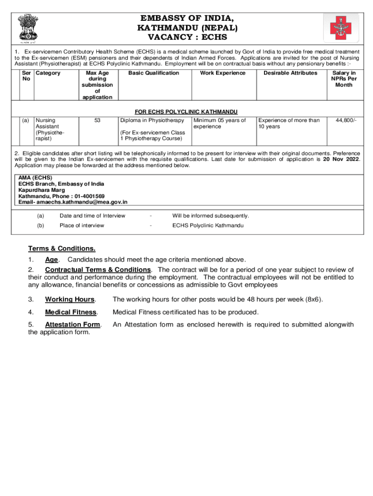 Fillable Online ECHS - Embassy of India, Kathmandu, Nepal Fax Email ...