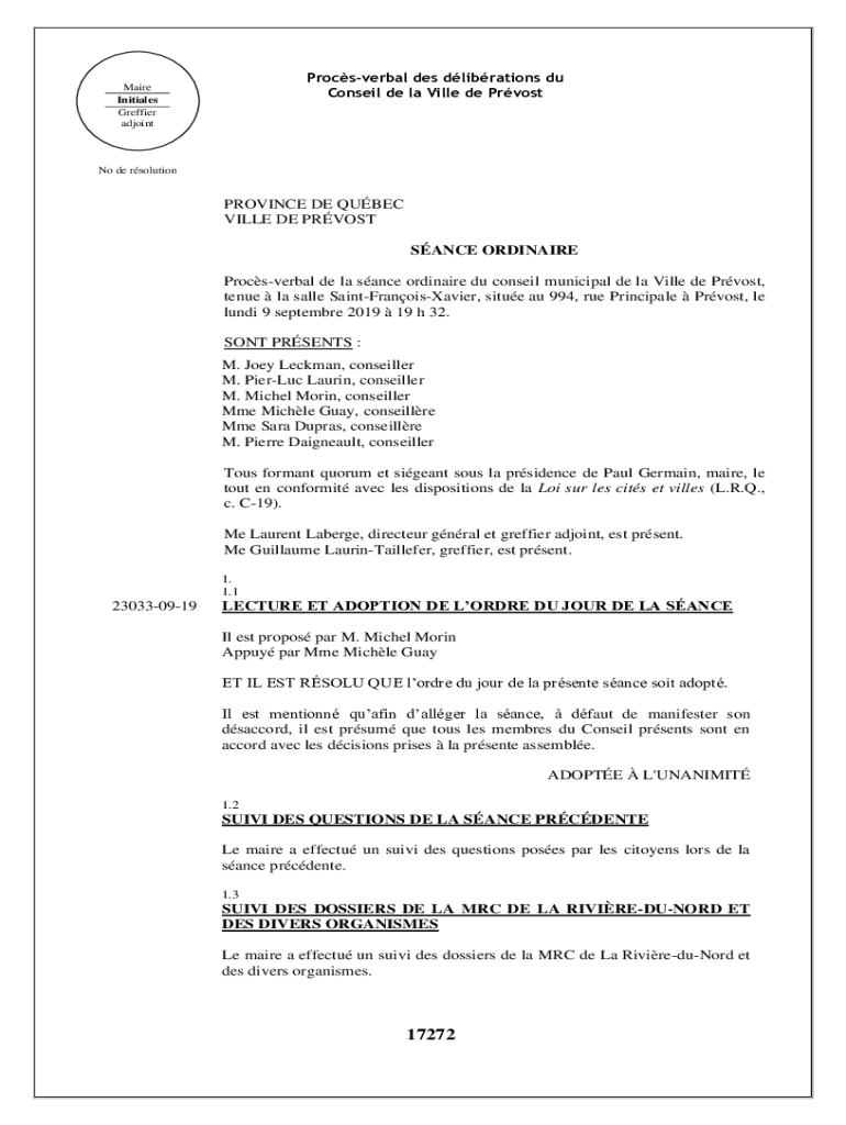 Remplissable En Ligne Procs-verbal du Conseil de la - Ville de Lachute Fax Email Imprimer ...