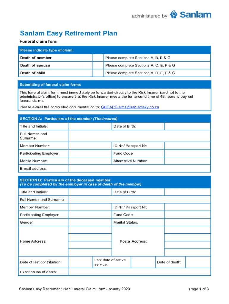 Fillable Online Sanlam Easy Retirement Plan Funeral Claim Form Fax Email Print - pdfFiller