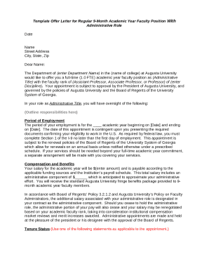 Template Offer Letter for Regular 9-Month Academic Year Faculty Position With Administrative ...
