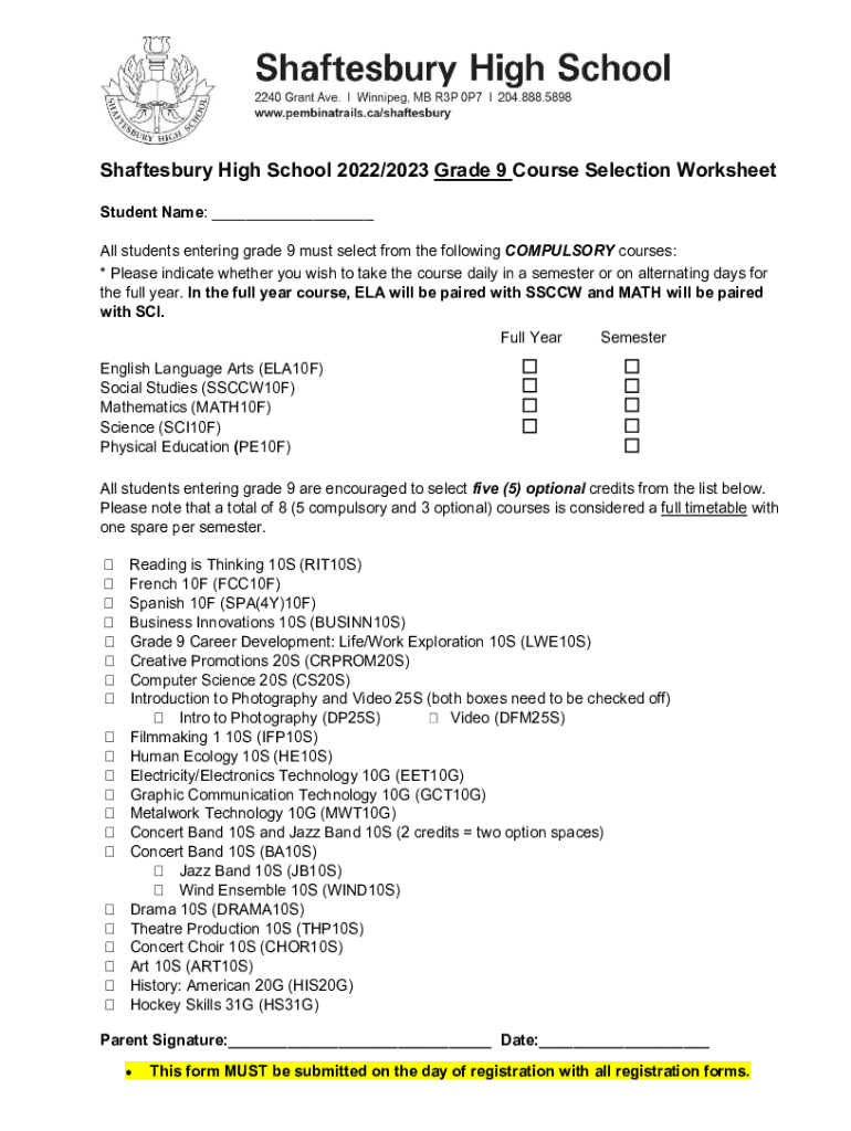 Fillable Online GRADE 9 COURSE REQUEST FORM 2022-2023 Fax Email Print ...